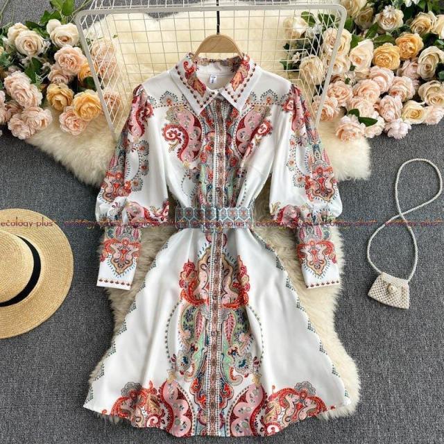 長袖シャツ女性デザインセンスニッチレトロトーテムプリントスリムショート気質レディースドレス春新作