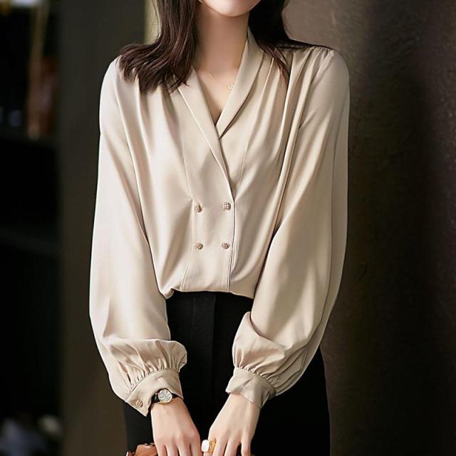 ブラウス レディース きれいめ 40代 春夏秋新作 オシャレブラウス vネックシャツ 長袖トップス ダブルボタンブラウス 大人 通勤 ゆったり シャツ30代 50代