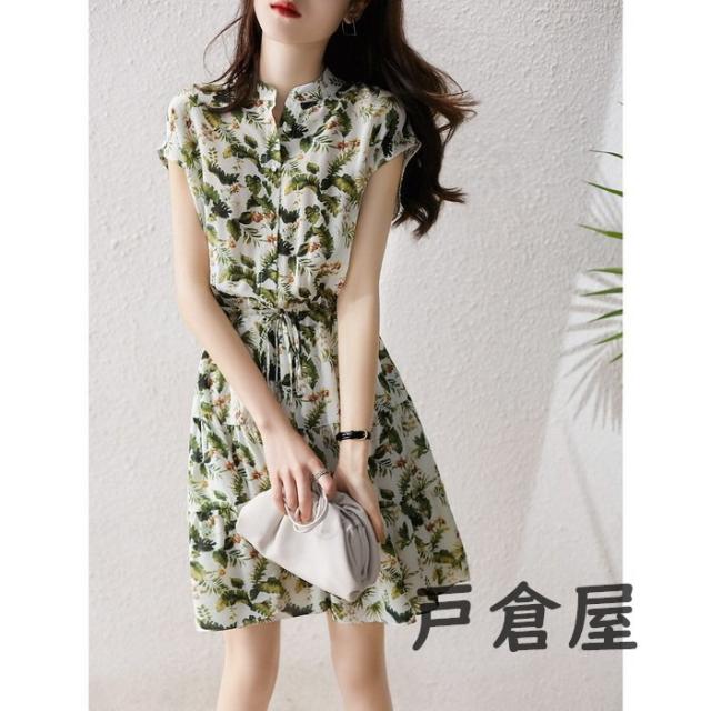 シャツワンピース レディース 40代 膝丈ワンピース 春夏 半袖ワンピース きれいめ 花柄 シフォンスカートaライン 韓国風 オシャレ通勤 大人 着痩せ 30代 50代