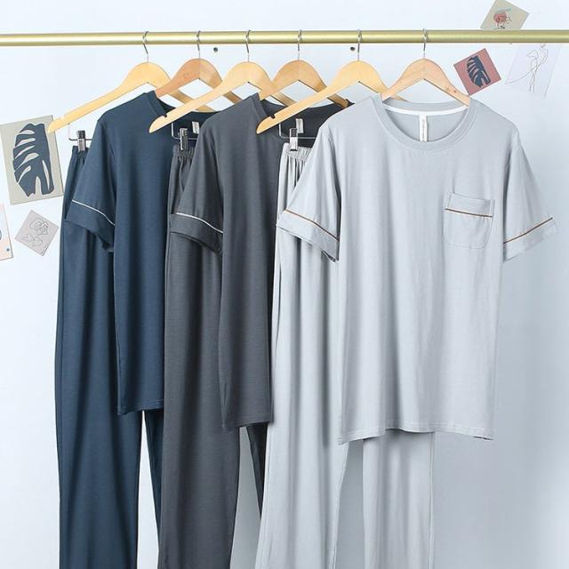 パジャマ メンズ ルームウェア 上品 半袖 Tシャツ 長ズボン モダール 春夏 部屋着 寝巻き 2点セット セットアップ 大きいサイズ ナイトガウン 3色