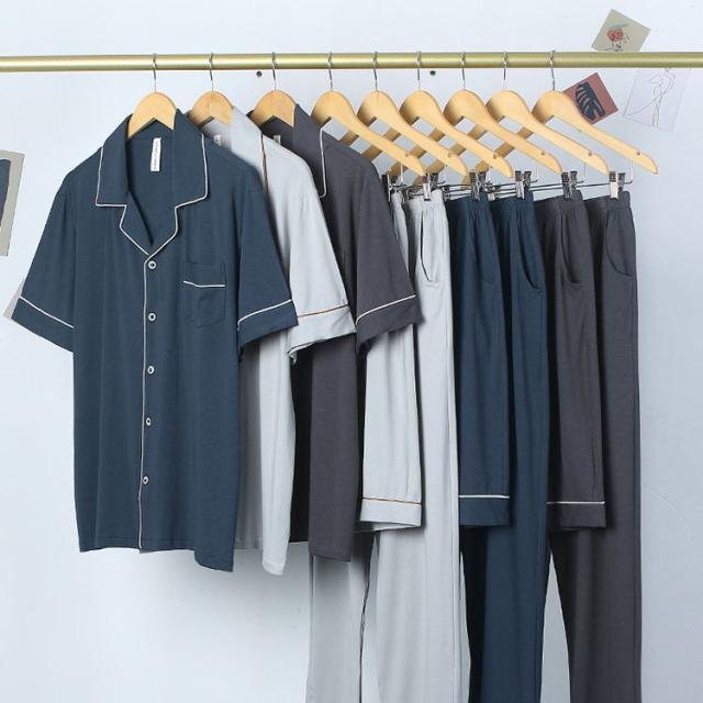 メンズ パジャマ ルームウェア 部屋着 寝巻き 春夏 開襟 半袖 モダール 長ズボン 2点セット セットアップ 大きいサイズ ナイトガウン 上品 3色