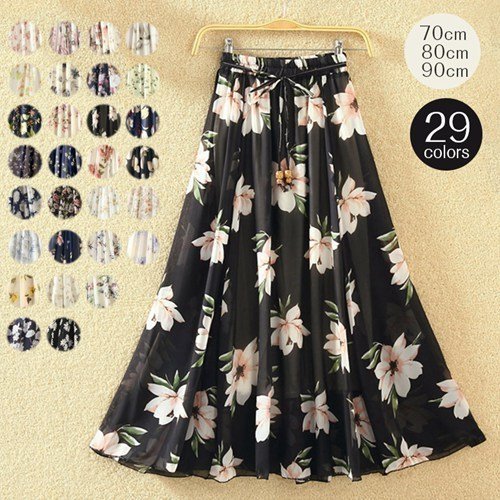 スカート ロングスカート 花柄 エスニック風 華やか総柄 シフォン ウエストゴム ボトムス マキシスカート ママ 母 ゆったり 春夏 着痩せ お出かけ 海 ビーチ