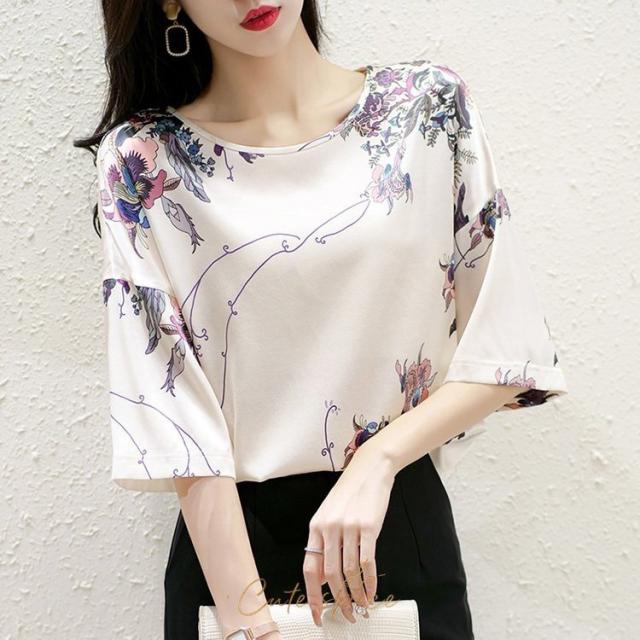 Tシャツ レディース 40代 春夏新作 オシャレブラウス 白レションTシャツ 五分袖トップス プリント Tブラウス 大人 通勤 ゆったりTシャツ カットソー 30代 50代