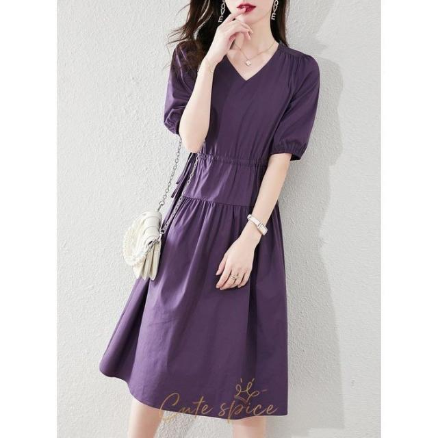 ワンピース レディース 40代 きれいめ膝丈ワンピース 春夏 半袖ワンピースVネック ロング丈ワンピ aラインスカート 韓国風 オシャレ通勤大人可愛い 30代50代