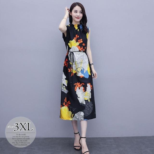 ワンピース プリント柄 ノースリーブ ウエスト紐 大人可愛い 学校行事 ママスタイル リゾート カジュアル 母親 休日 フェミニン