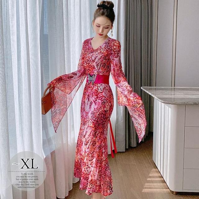 ワンピース ラウンドネック 抽象柄 ウエストシェイプ ロングワンピース 袖デザイン アジアンテイスト 着やせ 女子旅 キレイ目 ママ 女子会