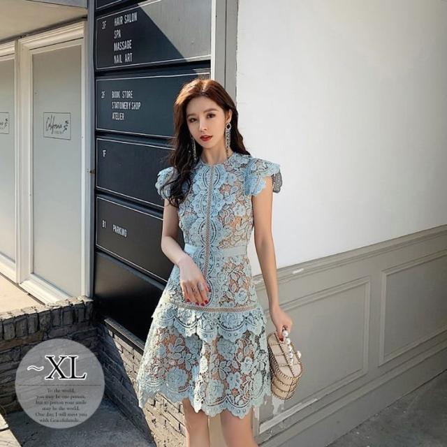 ワンピース クルーネック 総レース 短め ロマンティック ワインイベント ステージ パーティーコーデ 2次会 きれいめ 美脚 ラグジュアリー /