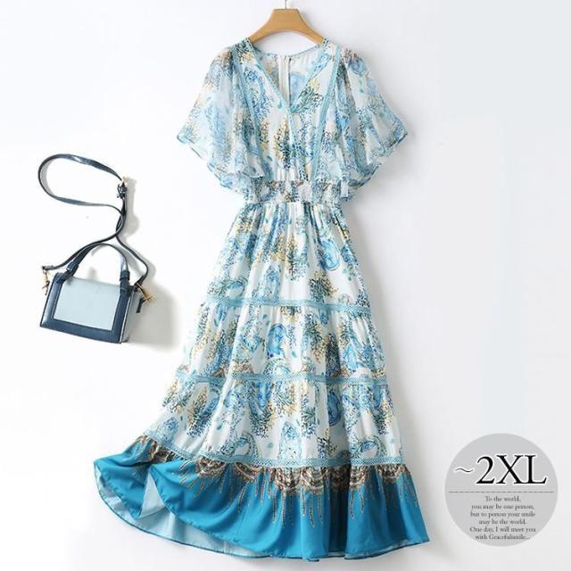 ワンピース プリント柄 ティアードスカート Vネック ギャザー シャーリング ヨーロピアン 涼しげ 女子旅 美人 食事会  休日スタイル