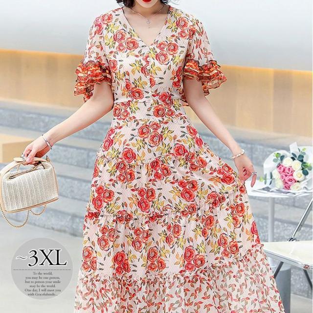 ワンピース 花柄 Vネック 袖フリル 透け感 ロング丈 ロマンティック かわいい 女子旅 休日スタイル きれいめ ママスタイル 休日 女子会