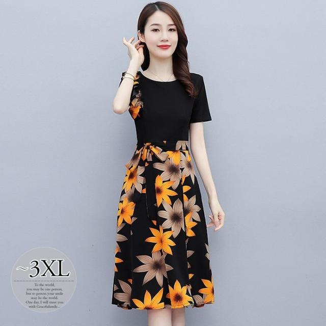 ワンピース ラウンドネック プリント柄 花柄 ウエスト切替 スリット リゾート 食事会 休日スタイル きれいめ お出かけ 上品
