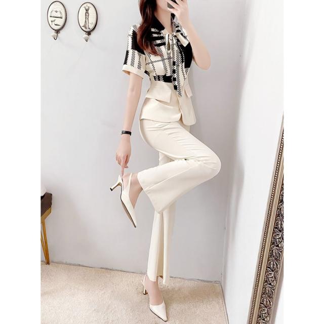 セットアップ ジャケット パンツ プリント柄 半袖 ボウタイリボン ウエストシェイプ ボタン セレブスタイル ボーイッシュ 入学式 学校行事 セットアップ ジャケット パンツ プリント柄 半袖 ボウタイリボン