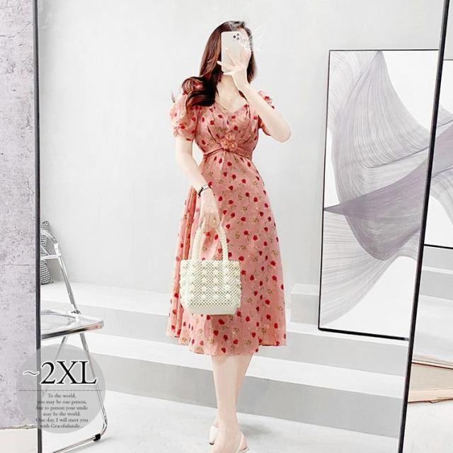 ワンピース パフスリーブ 透け感 とろみ ウエストマーク ハイウエスト ロマンティック 可愛い フェミニン 母親 ドライブ 食事会 女子会