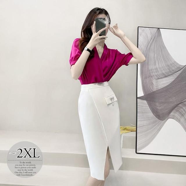 セットアップ ブラウス スカート 半袖 カシュクール 膝下丈 ビジュー セレブスタイル フェミニン ワインイベント 大人可愛い ママ ガーリー