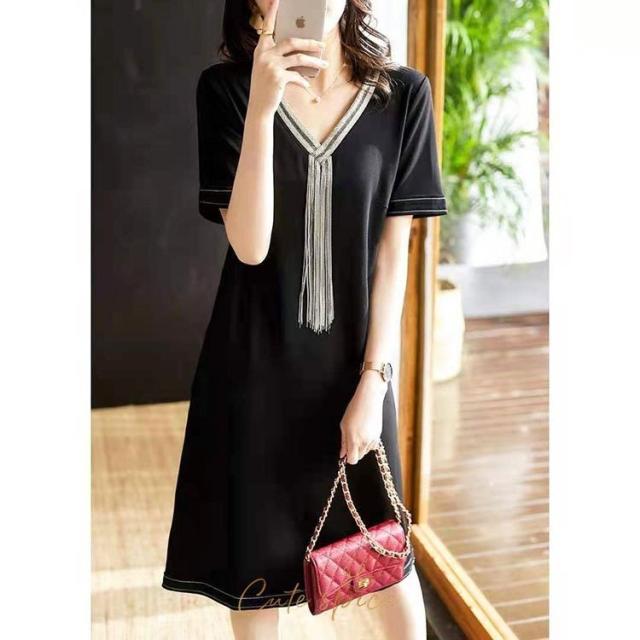 ワンピース レディース 40代 きれいめ 膝丈ワンピース 春夏 半袖ワンピース 黒Vネック Aラインスカート オシャレ大人 上品 ゆったり 通勤OL韓国風 30代 50代