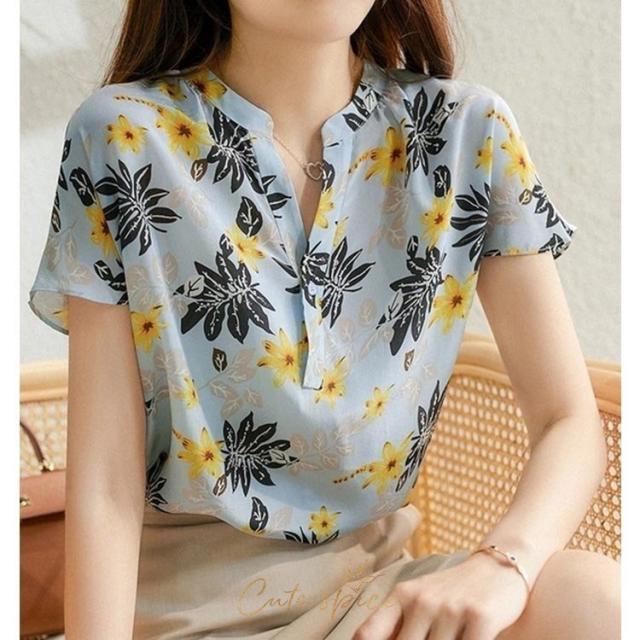 ブラウス レディース 40代 春夏新作 オシャレブラウス 花柄シャツ 半袖トップス  Vネック 上品 大人 通勤OL ゆったり シャツ30代 50代