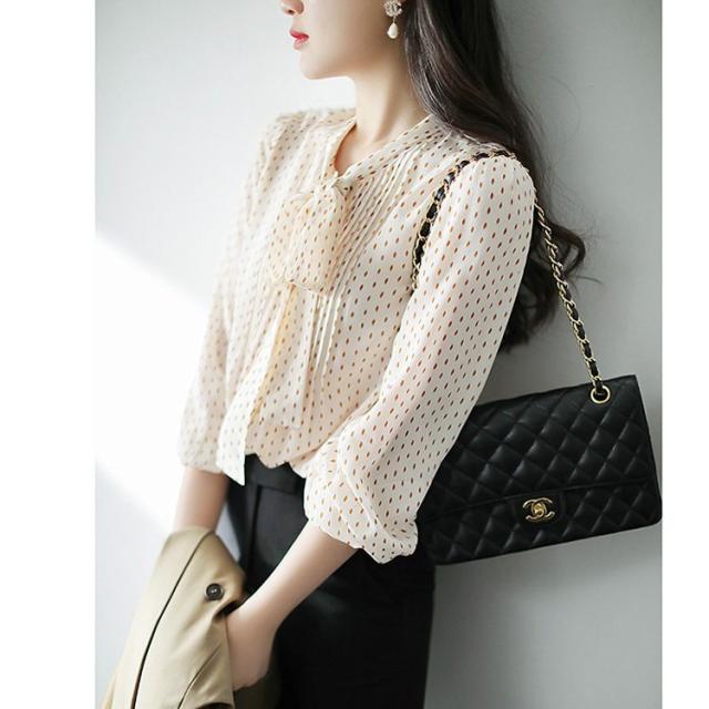 ブラウス レディース 40代 春夏新作 オシャレブラウス シフォンシャツ 長袖トップス ドット柄 リボンネックブラウス パフスリーブ 大人 上品 通勤OL ゆったり