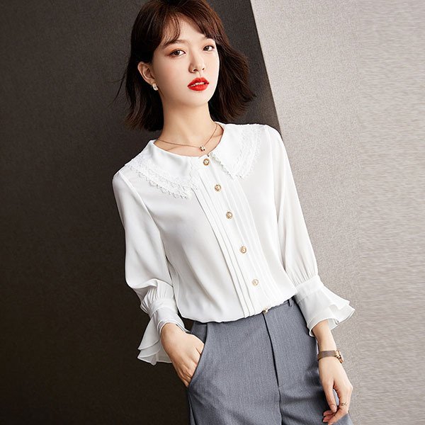 ブラウス レディース 白 長袖 オフィス 春秋 40代 襟付き トップス シャツ シフォン 折り襟 きれいめ おしゃれ 大きいサイズ 着痩せ 大人 上品 通勤 可愛い 新品