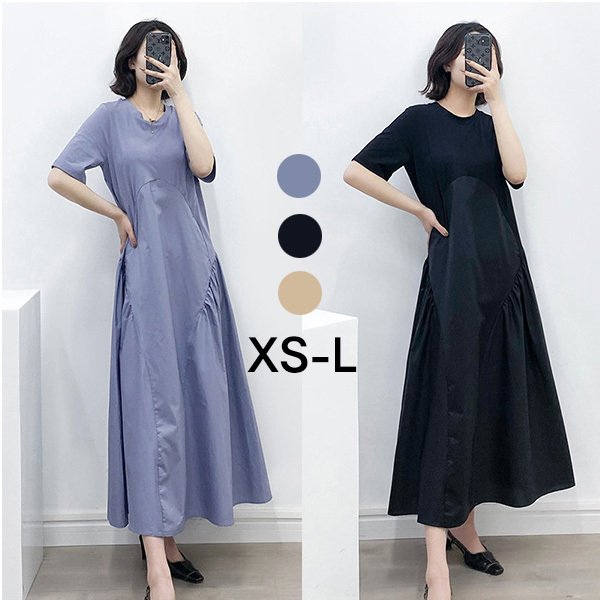 ワンピース レディース 夏 春 半袖 ロング丈 ミモレ丈 異素材 切り替え フリル フレア Aライン 無地 おしゃれ クルーネック ゆったり Tシャツ 20代 30代 40代