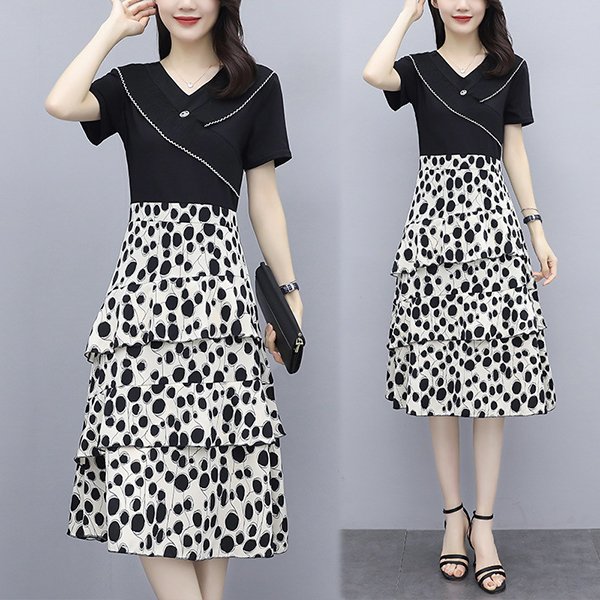 ワンピース レディース 40代 20代 夏 半袖 きれいめ 上品 シフォンワンピース フリル ドット柄 大きいサイズ パーティードレス おしゃれ 韓国風 着痩せ 通勤 OL