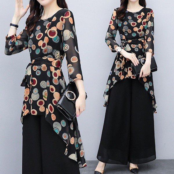 セットアップ レディース 夏 カジュアル 40代 30代 韓国風 上下セット トップス ロング シフォン ガウチョパンツ 大きいサイズ おしゃれ 着痩せ 通勤 OL 新品