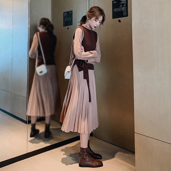 ワンピース レディース 40代 30代 きれいめ 春秋 長袖 上品 2点セット マキシワンピース チュニック 大きいサイズ パーティードレス 韓国風 おしゃれ 着痩せ