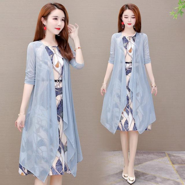 ワンピース2点セット レディース 春夏 膝丈ワンピース 幾何プリント 五分袖ロング丈ガウン UVカット オシャレセットアップ 大人 上品 着痩せ 40代 紫外線カット