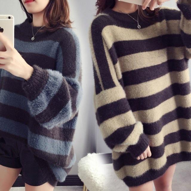 セーター ニット レディース トップス 秋冬 きれいめ もこもこ 厚手 暖かい 長袖 丸首 ボーダー 大きいサイズ ゆったり オシャレ 復古風 カジュアル 2色