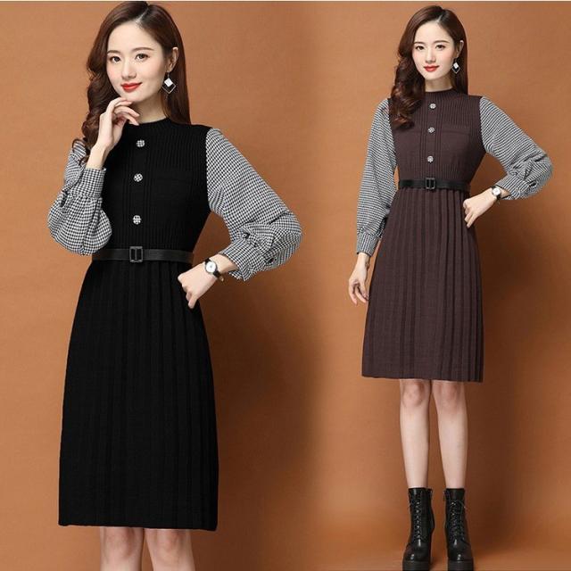 ニットワンピース レディース 40代 秋冬 きれいめ 膝丈ワンピース 長袖 チェック柄 切り替え プリーツスカート ニットワンピース結婚式ドレス 着痩せ オシャレ