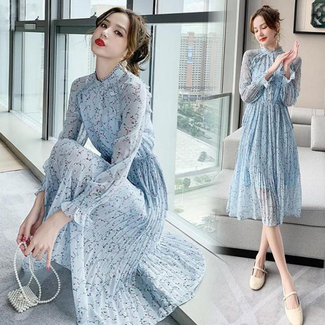 ワンピース レディース 40代 マキシワンピース 秋冬 長袖ワンピース シフォン リボンネックワンピース 花柄 プリーツスカート オシャレ 結婚式ドレス 大人