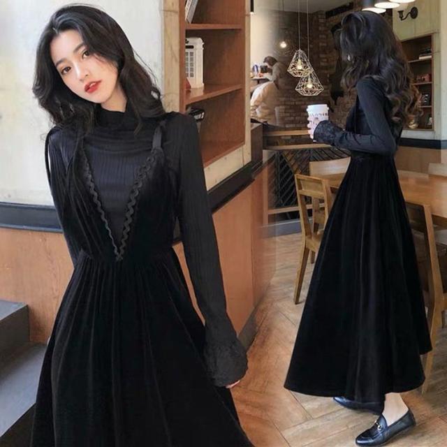 ワンピースセットアップ レディース 40代 秋冬新作 長袖トップス ベルベットキャミワンピース 黒 サロベットスカート 2点セット オシャレ 大人 上品 30代 50代