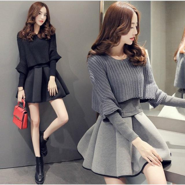 ニットワンピース レディース ショット丈ワンピース ドルマンスリーブ マント式 プルオーバー レイヤード ミニワンピース キレイめ オシャレ 大人 2点セット