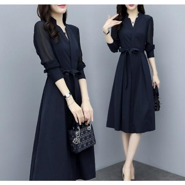 シャツワンピース レデイース 40代 シフォンワンピース 膝丈ワンピース きれいめ 長袖 Aライン Vネックワンピース 春秋 オシャレ 上品 通勤 大きいサイズ 着痩せ