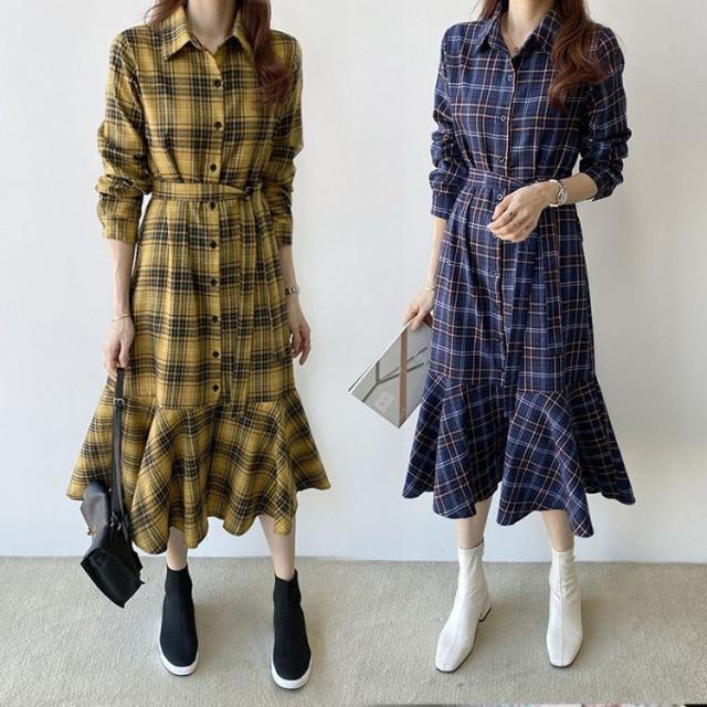 ワンピース レディース 30代 40代 春秋 マキシワンピース きれいめ チェック柄ワンピース 長袖 Aライン 膝丈ワンピース 通勤 着痩せ ロング オシャレ 上品 2色