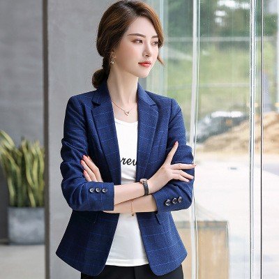 レディース テーラードジャケット 長袖 チェック柄 1つボタン アウター スーツ ジャケット 韓国風 フォーマル ブルー オフィス OL 通勤 ビジ