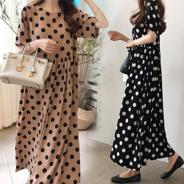 ワンピース レディース 40代ワンピース 春夏新作 きれいめ マキシワンピース 半袖 ドット柄ワンピース フレアスカート オシャレ ボヘミア風 お出かけ 大人