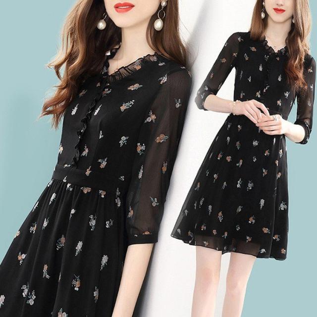 ワンピース レディース 40代 シフォン花柄ワンピース 春夏新作 きれいめ 膝丈ワンピース 五分袖 aラインスカート オシャレ 結婚式ドレス お出かけ 大人 30代