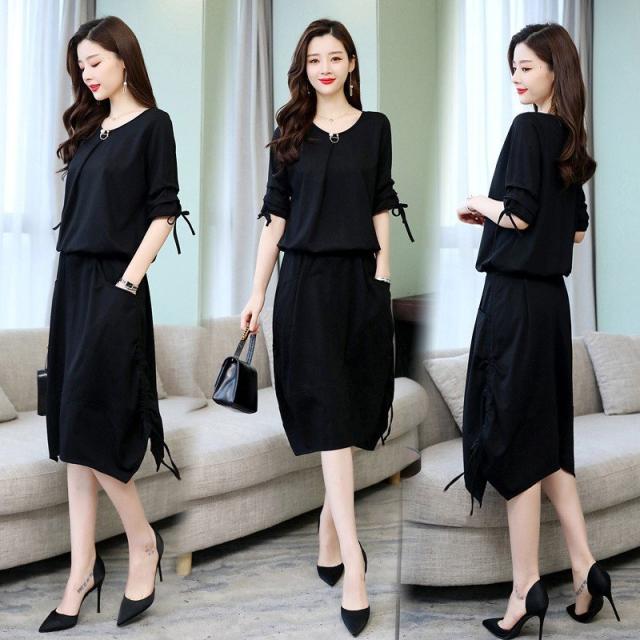 ワンピースセットアップ レディース 40代 春夏 膝丈ワンピース きれいめ リボン 五分袖 ワンピース スカートセットアップ 黒 通勤 オシャレ上品 着痩せ