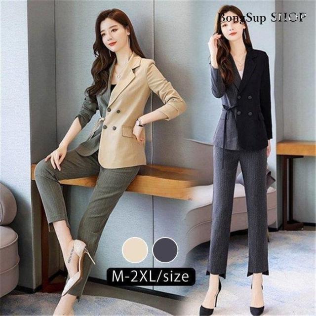 セットアップ レディース 上下セット パンツ シャツ ママスーツ きれいめ オフィスカジュアル 通勤 シンプル ミセス 配色 ベルト付き 40代 30代 春 秋