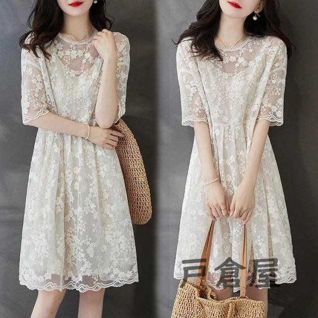 ワンピース レディース ワンピース キレイめ 30代 40代 膝丈ワンピース 夏 半袖 透かし彫り ワンピース 花刺繍 ロング丈ワンピ オシャレ 通勤 着痩せ