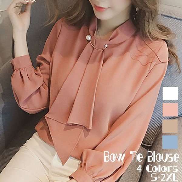 胸元パールボウタイブラウス ブラウス レディース トップス シャツ とろみシャツ シンプル ベーシック フェミニン ボウタイ 上品 オフィス 春