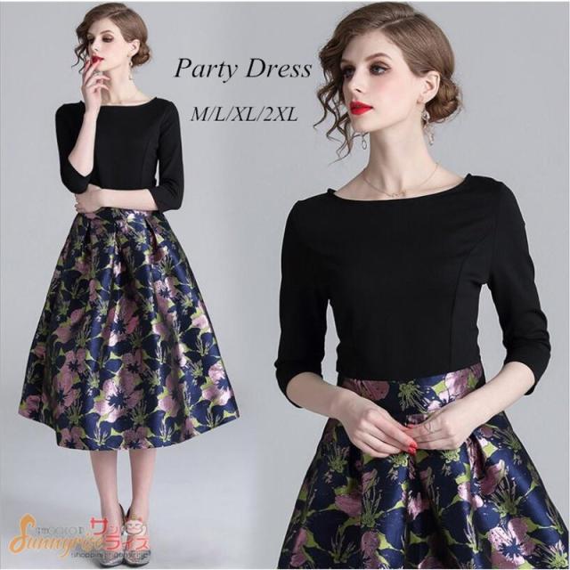 ワンピース レディース パーティードレス ミモレ丈 結婚式 七分袖 花柄 ワンピース パーティードレス ウエディング ドレス 二次会 花嫁 お呼ばれ