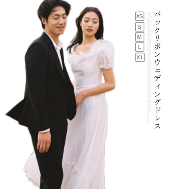 ウエディングドレス 二次会 ウエディング ロングドレス 可愛い プリーツ 背中リボン バックリボン フォトウェディング ドレス リゾートウェディング セパレートドレス ロング丈 ドレス