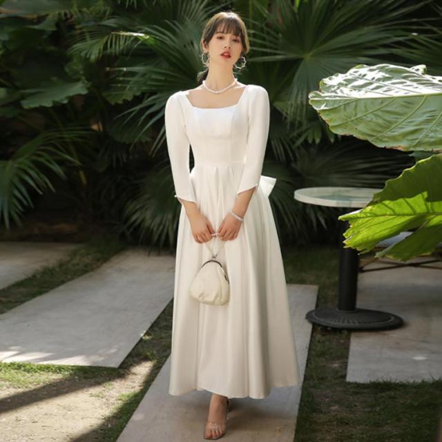 ウェディングドレス ミモレ丈 袖あり 七分袖 ウエディングドレス ワンピース バックリボン Aライン ミモレ ドレス 花嫁 披露宴 結婚式 演奏会 発表会 海外挙式 ウェディングドレス ミモレ丈 袖あり 七分袖 ウエディングドレス