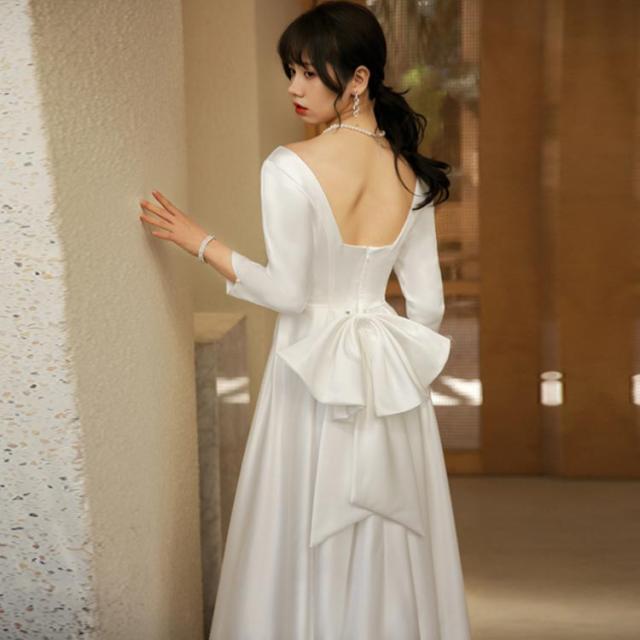 ウェディングドレス ミモレ丈 袖あり 七分袖 ウエディングドレス