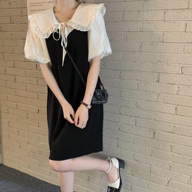レトロワンピバルーンスリーブ細見せ重ね着風エレガント春夏物レディースえり