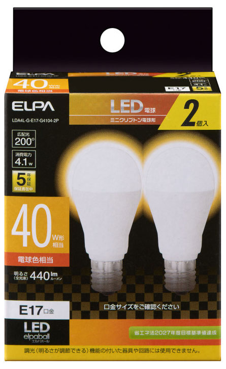 ELPA LDA4L-G-E17-G4104-2P LED電球 ミニクリプトン球形 440lm（電球色相当）【2個セット】エルパ[LDA4LGE17G41042P] 返品種別Aの通販はau ...