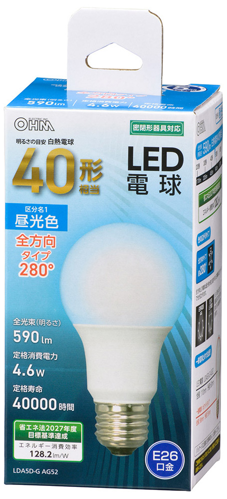 オーム LDA5D-G AG52 LED電球 一般電球形 590lm（昼光色相当）OHM[LDA5DGAG52] 返品種別Aの通販はau PAY マーケット - Joshin web 家電 ...