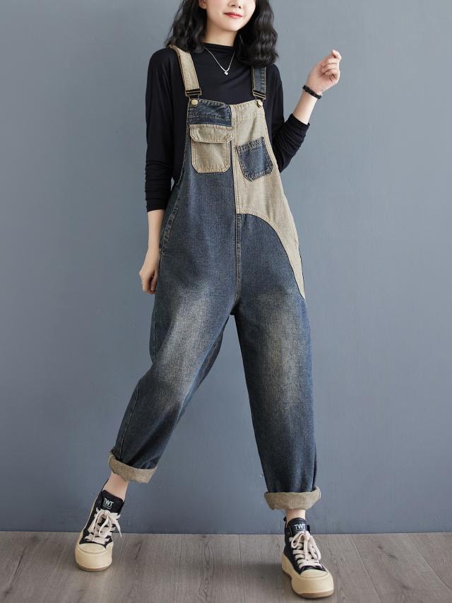 ゆったりシルエット、デニムオーバーオール、オフショルダー
