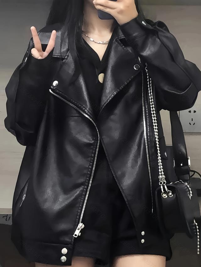 女性用フリース裏地モーターサイクルジャケット - 厚手の冬コート、PUコーティングされたジッパーフロント、ゆったりフィットカジュアルシックな黒色ジャケット、寒い天候向け、バイクギア