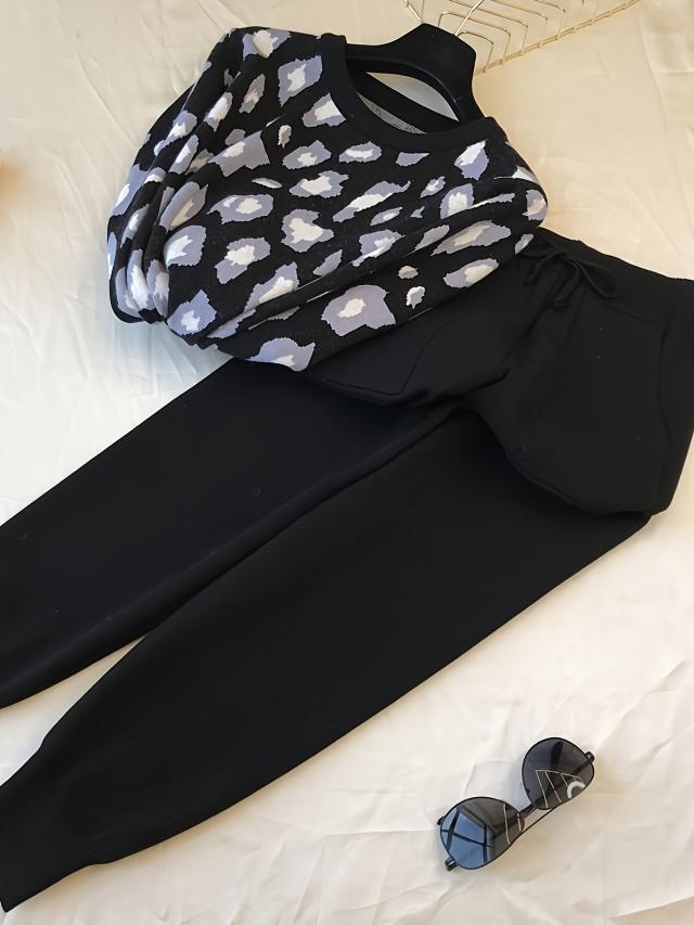 レオパード柄ニットスーツ、長袖クルーネックセーター＆ドローストリングパンツ、女性用